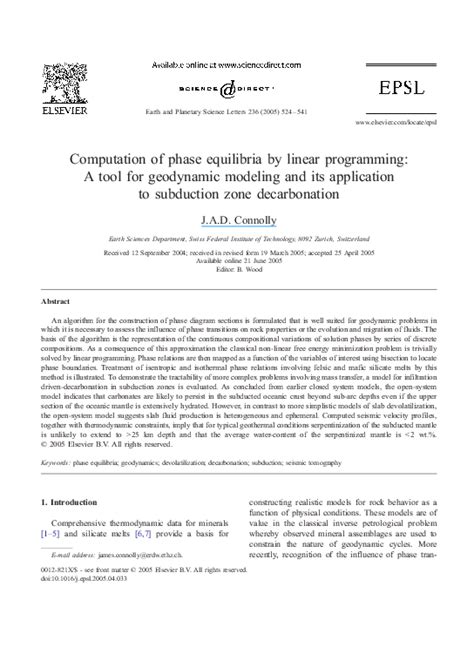 Pdf Computation Of Phase Equilibria By Linear Programming A Tool For Geodynamic Modeling And