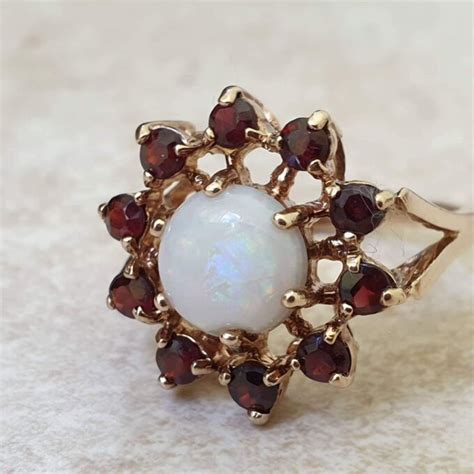 Opal And Garnet Halo Cluster Ring In 9ct Gold Gems Afire Vintage