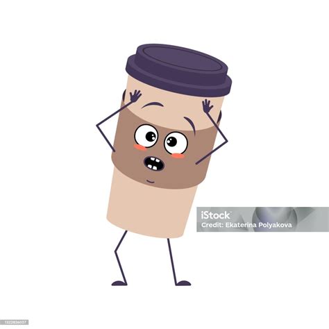 공황 상태에 빠진 커피 캐릭터의 귀여운 컵은 그의 머리 얼굴 팔 다리를 움켜쥐고 있습니다 음료를 위한 재미 있거나 슬픈 유리 가공의 인물에 대한 스톡 벡터 아트 및 기타