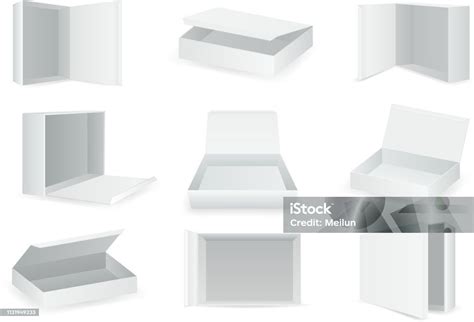 흰색 종이 골 판지 패키지 상자 아이소메트릭 오픈 빈 팩 상자 고립 된 아이콘 설정 현실적인 템플릿 디자인 벡터 일러스트 레이 션 흰색에 대한 스톡 벡터 아트 및 기타
