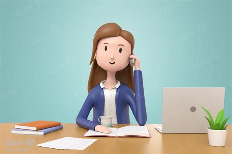 کاراکتر سه بعدی خانم کارمند نشسته پشت میز درحال مطالعه و نوشیدن قهوه در کنار کتاب و دختر و لپتاپ