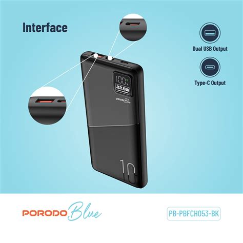 Porodo Blue 10000mah Quick Charge Power Bank Usb A And Usb C Output