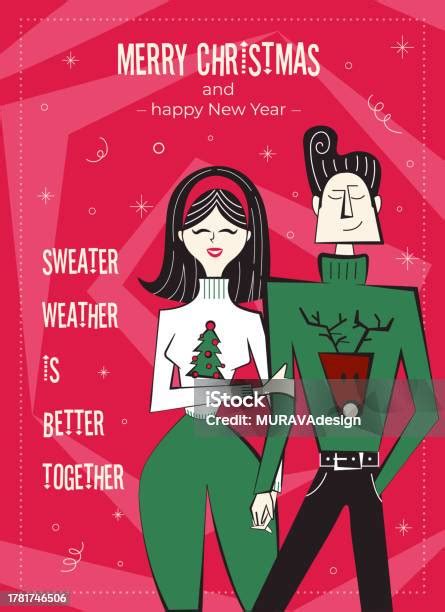 메리 크리스마스와 새해 복 많이 받으세요 복고풍 인사말 카드 여자와 남자 커플 캐릭터가 못생긴 스웨터를 입고 손을 잡고 있습니다 12월 31일에 대한 스톡 벡터 아트 및