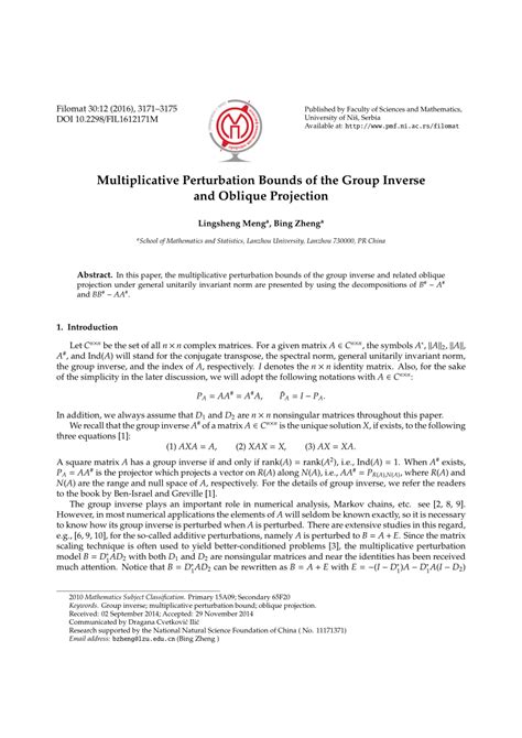 Pdf Multiplicative Perturbation Bounds Of The Group Inverse And Oblique Projection