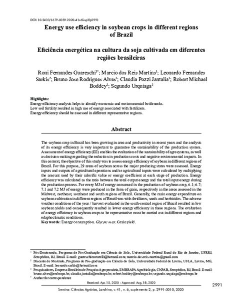 Pdf Energy Use Efficiency In Soybean Crops In Different Regions Of
