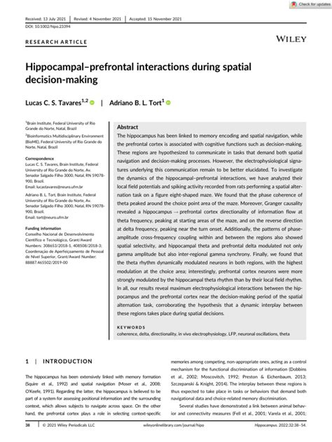 Hippocampus 2021 Tavares Hippocampal Prefrontal Interactions During Spatia Pdf