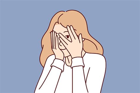 여자는 손과 엿보기로 눈을 가리고 불쾌한 것을 않고 문제에서 숨어 있습니다 감정에 대한 스톡 벡터 아트 및 기타 이미지 감정 개념 개념과 주제 Istock