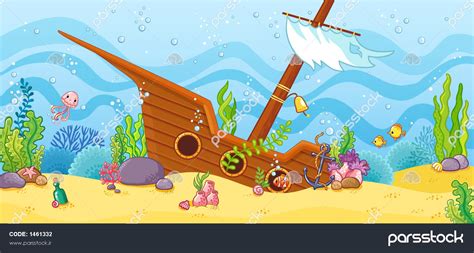 کشتی غرق شده در انتهای دریا تصویر برداری با قایق بادبانی در سبک کارتونی