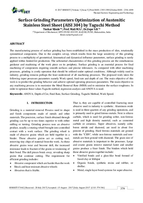 Pdf Surface Grinding Parameters Optimization Of Austenitic Stainless Steel Sheet Aisi 304 By