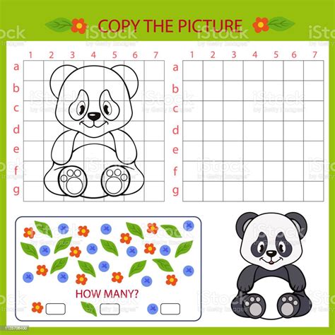 눈금선을 사용 하 여 귀여운 팬더 그림을 복사 합니다 레슨을 그리기 색칠 아이 들 교육을 재미 있는 수수께끼 꼬마 예술 게임입니다 벡터 일러스트입니다 0명에 대한 스톡 벡터