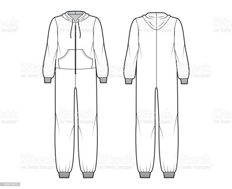 전체 길이 후드 지퍼 클로저 캥거루 파우치가 있는 Onesie 전체 점프수트 슬리웨어 테크니컬 패션 일러스트레이션 0명에 대한 스톡 벡터 아트 및 기타 이미지 Istock