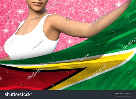 Sexy Woman Holding Guyana Flag Front Stock Illustration 2072125127