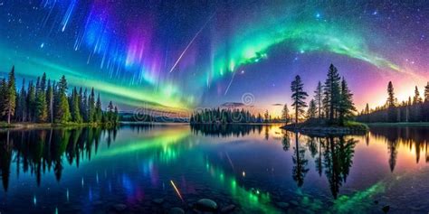 Stunning Northern Lights And Meteor Shower Panorama Aurora Borealis