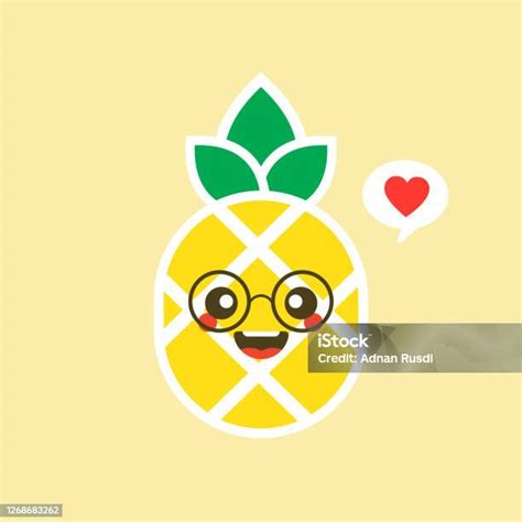 귀여운 가와이 페이스와 행복 파인애플 과일 문구와 재미 채식 캐릭터 아이 포스터와 여름 티셔츠 디자인에 대한 플랫 스타일 일러스트 색상 배경에 고립 0명에 대한 스톡 벡터