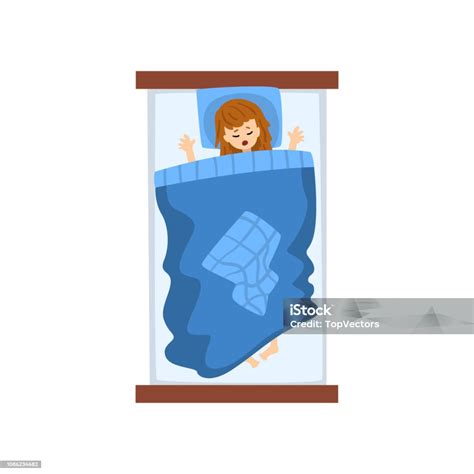 그녀의 침대에서 자 고 하는 여자는 흰색 바탕에 벡터 그림 위에서 보기 가정의 방에 대한 스톡 벡터 아트 및 기타 이미지