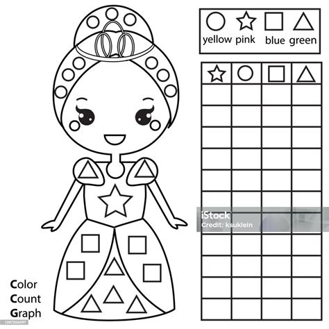 색상 개수 및 그래프 교육 어린이 게임 색상 공주와 모양을 계산합니다 어린이와 유아를위한 인쇄 워크 시트 개발에 대한 스톡 벡터