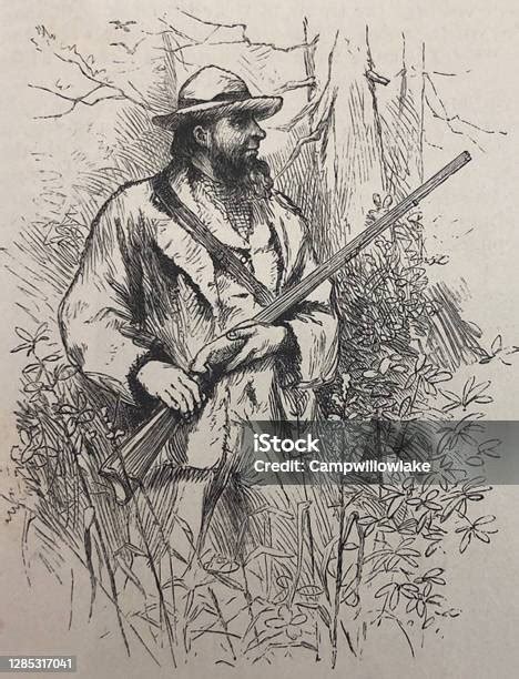 골동품 일러스트레이션 모자를 쓰고 긴 소총을 들고 나무로 키가 큰 잔디에 서 긴 수염을 가진 남자 1880 1889 년에 대한 스톡 벡터 아트 및 기타 이미지 Istock