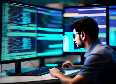 Premium Ai Image Man Sitting In Front Of A Computer Screen Technology