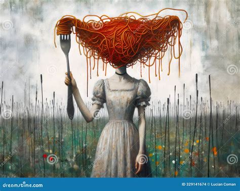 A Strange Redhead On A Fork Spaghetti Hair Woman In A Dress