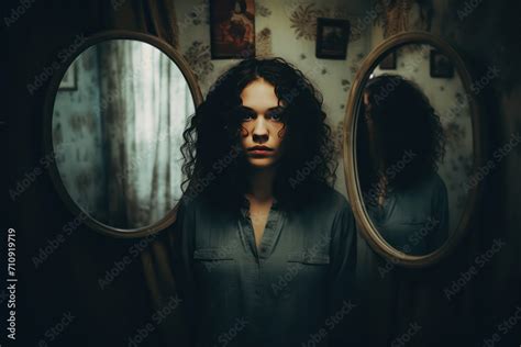 Woman With Multiple Personality Disorder Looking Reflected In The