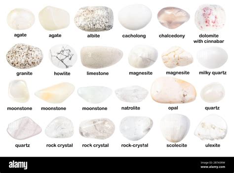 Set Of Various White Gemstones With Names Ulexite Quartz Howlite