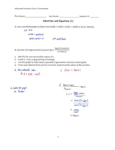 Class 12 Advanced Functions Hw Answer Key Advanced Functions Class 12