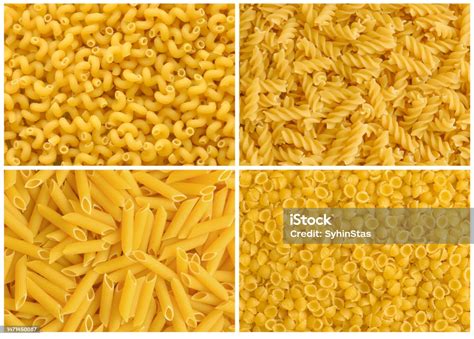다양한 원시 건조 노란색 파스타의 콜라주 아바타피 파스타 마카로니 파이프 펜네 파스타 푸실리 작은 껍질 Cavatappi에 대한 스톡 사진 및 기타 이미지 Istock