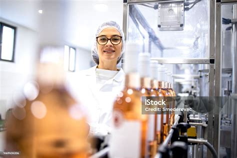 알코올 음료 병입 공장에서 와인 생산을 통제하는 여성 공장 감독자의 초상화 검사 보기에 대한 스톡 사진 및 기타 이미지 검사