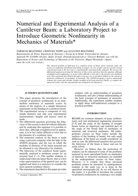 Pdf Numerical And Experimental Analysis Of A Cantilever Beam A Laboratory Project To