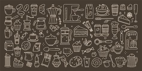 커피 숍을위한 요소의 큰 집합포스터 배너 엽서 및 포장 디자인에 사용하기 위해 손으로 그린 스타일의 벡터 일러스트 레이 션 10월에 대한 스톡 벡터 아트 및 기타 이미지