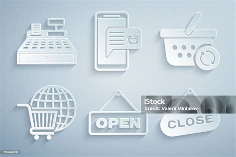 문 열기 장바구니 새로 고침 장바구니 글로브 닫기 모바일 및 금전 등록기 아이콘으로 교수형 기호를 설정합니다 벡터 3차원 형태에 대한 스톡 벡터 아트 및 기타 이미지