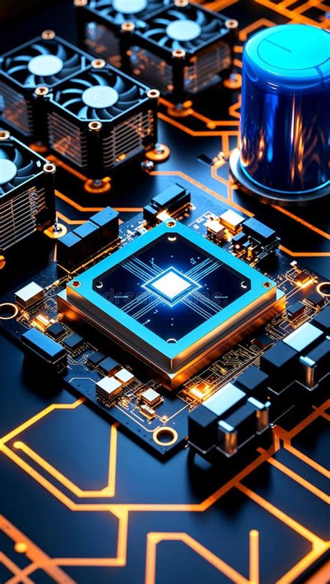 Futuristic Circuit Board With Glowing Blue Core Microchip Design Stock Illustration