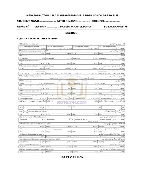 6th class objective pper pdf