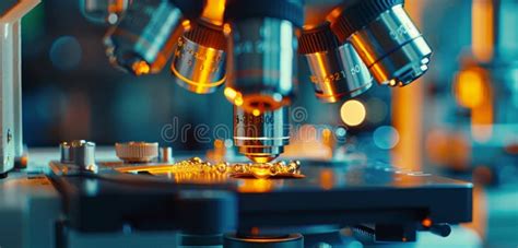Closeup Of A Microscope Lens Focusing On A Sample In A Laboratory Setting Stock Image Image Of