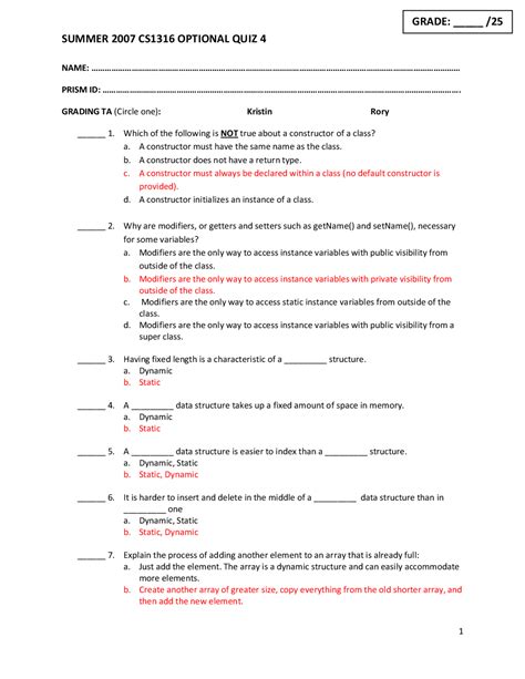 solutions for optional quiz 4 representing structure and behavior cs 1316 docsity