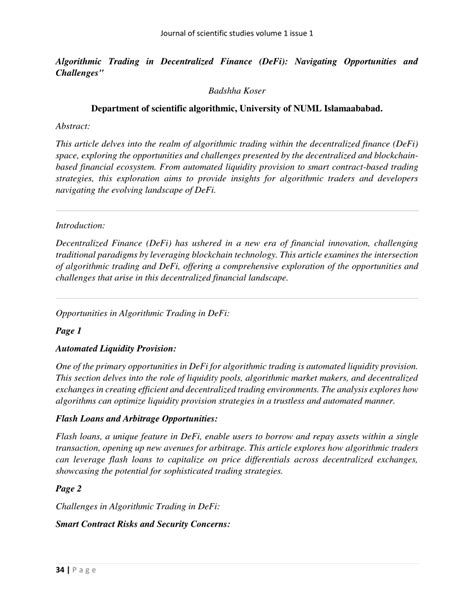 pdf algorithmic trading in decentralized finance defi navigating opportunities and challenges