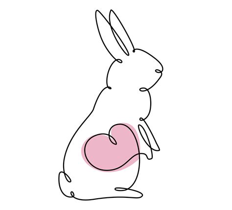 Easter Bunny With Heart Continuous One Line Drawing Rabbit Simple Image Minimalist Vector