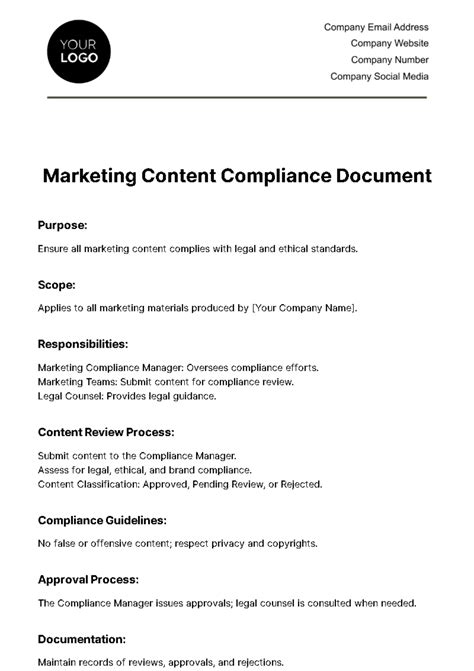 Free Marketing Content Compliance Document Template To Edit Online