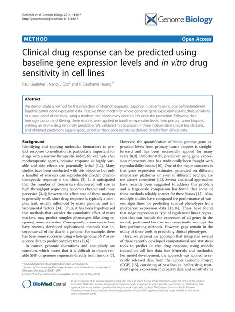 Pdf Abstract 5561 Clinical Drug Response Can Be Predicted Using Baseline Gene Expression