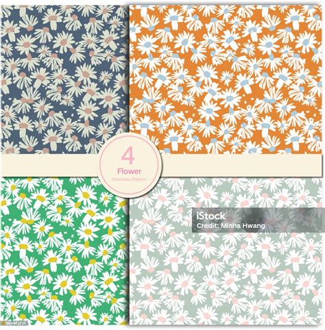 벡터 핸드 그린 추상 복고풍 복고풍 색상 야생 꽃 일러스트 리원시 반복 패턴 4 색 방법 컬렉션 세트 번들 디지털 아트워크 패션