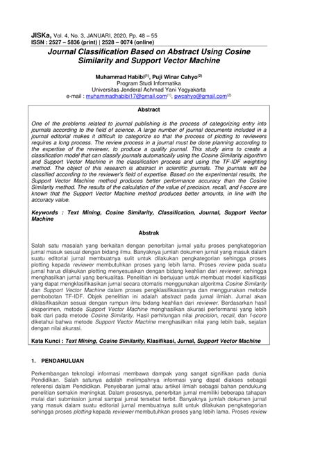 Pdf Journal Classification Based On Abstract Using Cosine Similarity
