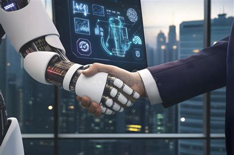 Human And Robot Shaking Hands In A Modern Office Setting Symbolizing Collaboration Between