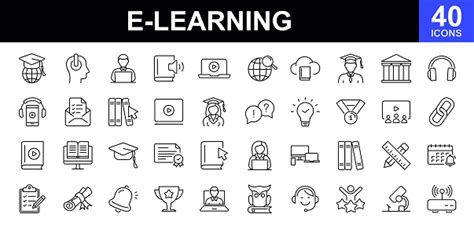 E러닝 웹 아이콘이 설정되었습니다 온라인 교육 간단한 가는 선 아이콘 모음 비디오 수업 디지털 교육 학습 온라인 과정 웹 사이트 웨비나 등이 포함됩니다 간단한 웹 아이콘