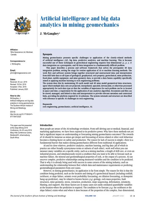 PDF Artificial Intelligence And Big Data Analytics In Mining Geomechanics