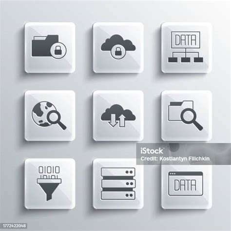 서버 데이터 분석 폴더로 검색 클라우드 다운로드 및 업로드 바이너리 코드 지구본 폴더 잠금 및 아이콘을 설정합니다 벡터 검색에 대한 스톡 벡터 아트 및 기타 이미지 Istock