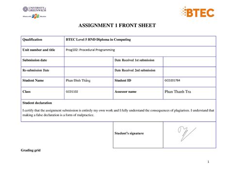Gcd1102 Prog102 Assignment Phan Dinh Thang Assignment 1 Front Sheet Qualification Btec Level 5