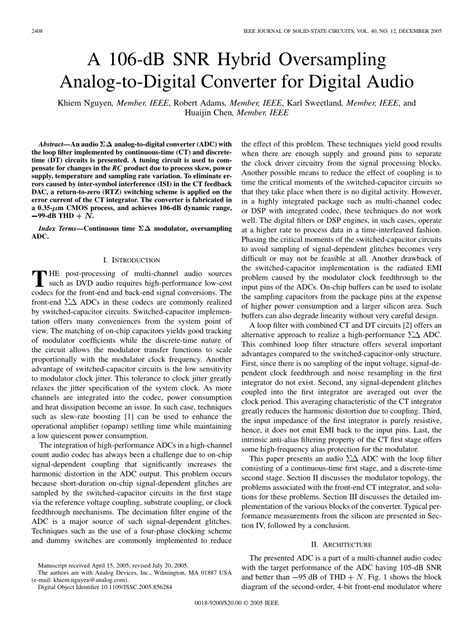 Pdf A 106 Db Snr Hybrid Oversampling Analog To Digital Converter For