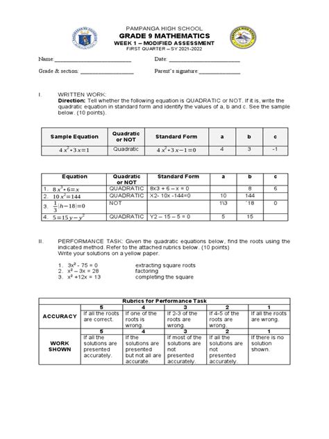 Grade 9 Mathematics Modified Assessments Pdf Quadratic Equation Equations