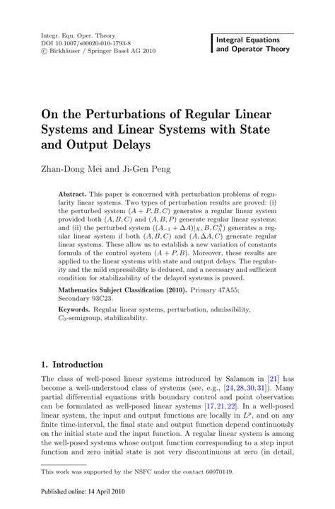 Pdf On The Perturbations Of Regular Linear Systems And Linear Systems With State And Output Delays