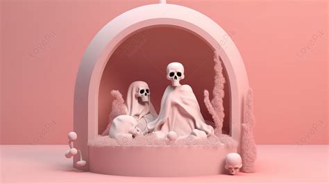 으스스한 3d 할로윈 두개골과 유령 무덤 괴물이 파스텔 핑크 배경에 렌더링됩니다 두개골 배경 할로 배경 호박 그림 배경 이미지 Hd 두개골 할로 호박 그림 배경